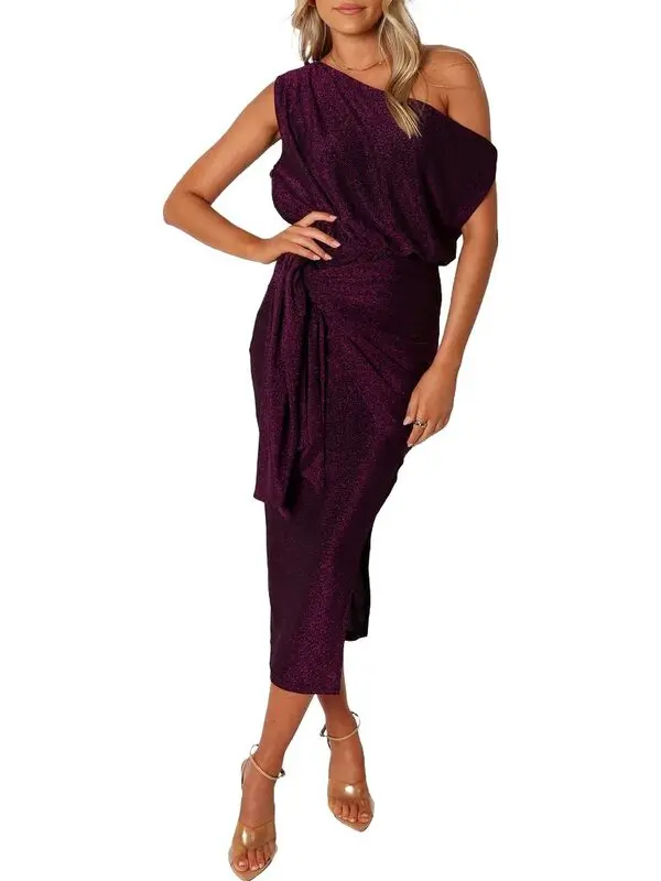 PETAL & PUP Santiago Metallic One-shoulder Midi Dress - Purple