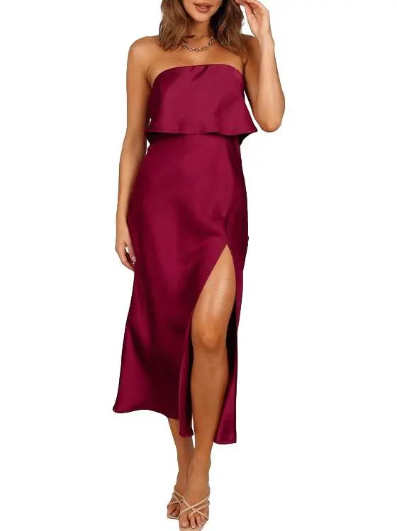 PETAL & PUP Vienna Popover Strapless Satin Midi Dress - Berry