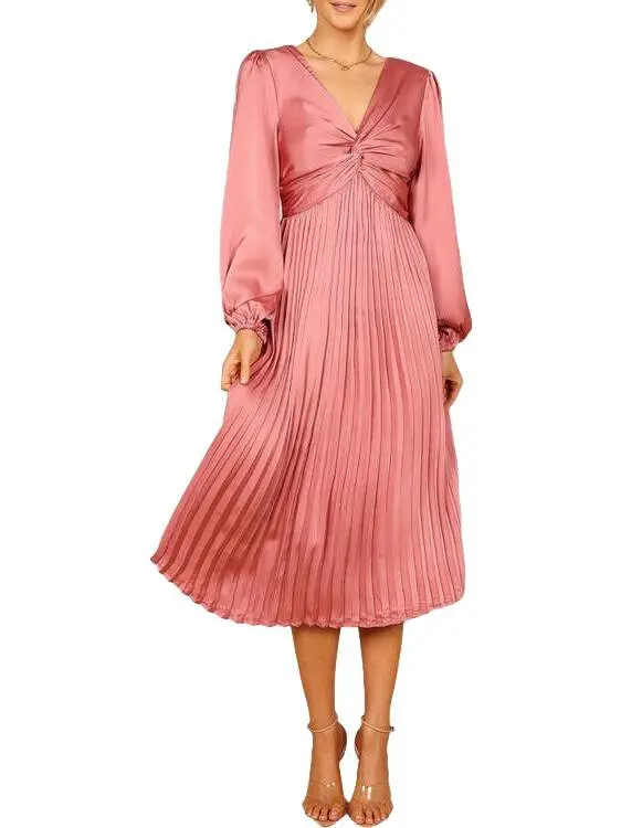 PETAL & PUP Noelle Long Sleeve Pleated Satin Midi Dress - Blush