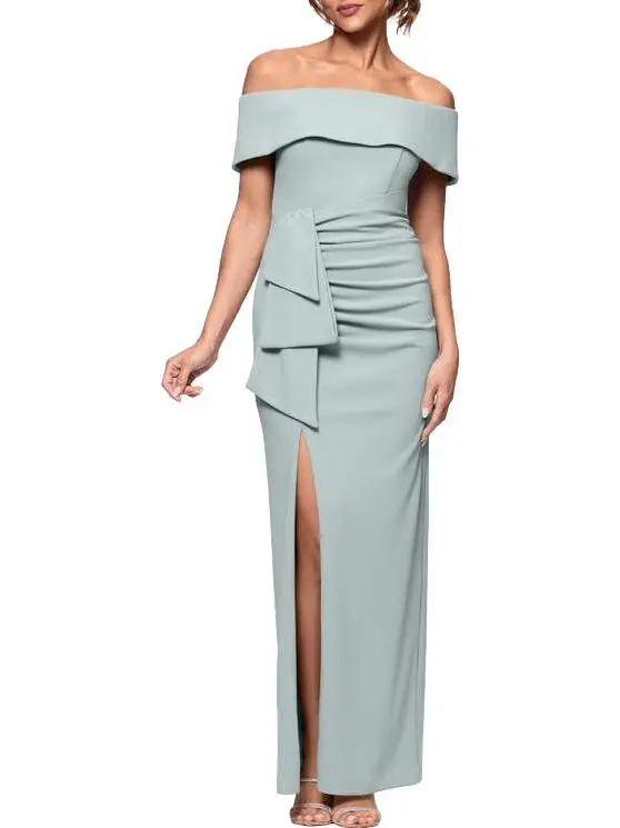 XSCAPE EVENINGS Ruched Off-the-shoulder Crepe Gown - Sage