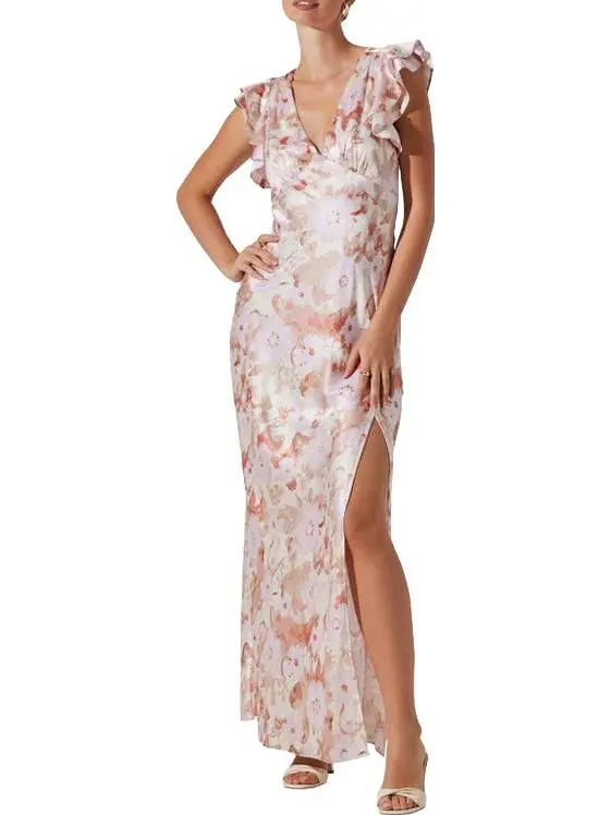 Astr The Label Floral Flutter-sleeve Satin Maxi Dress - Pink Flral