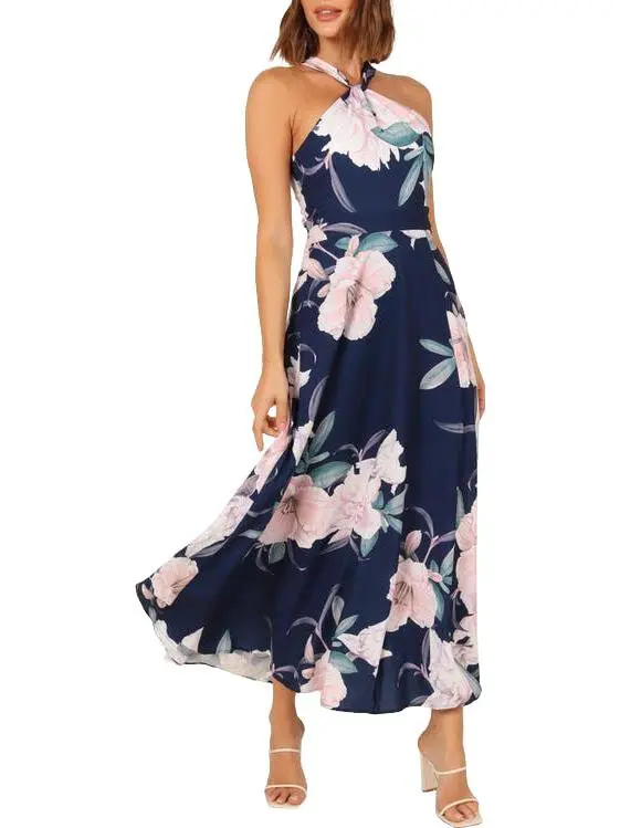 PETAL & PUP Miara Floral Print Halter Dress - Navy