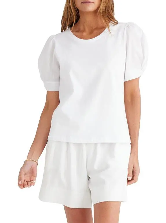 BRAVE+TRUE Abigail Puff Sleeve Mixed Media Cotton Top - White