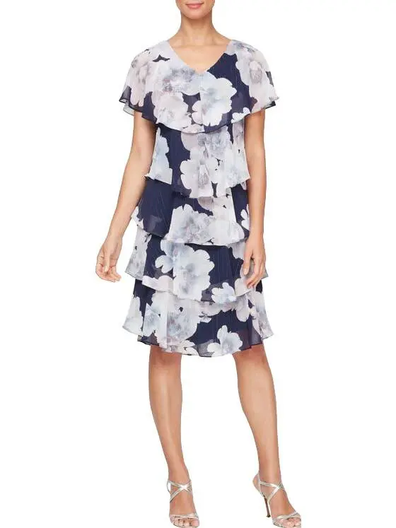 SL FASHIONS Floral Metallic Stripe Tiered Cocktail Dress - Navy Multi