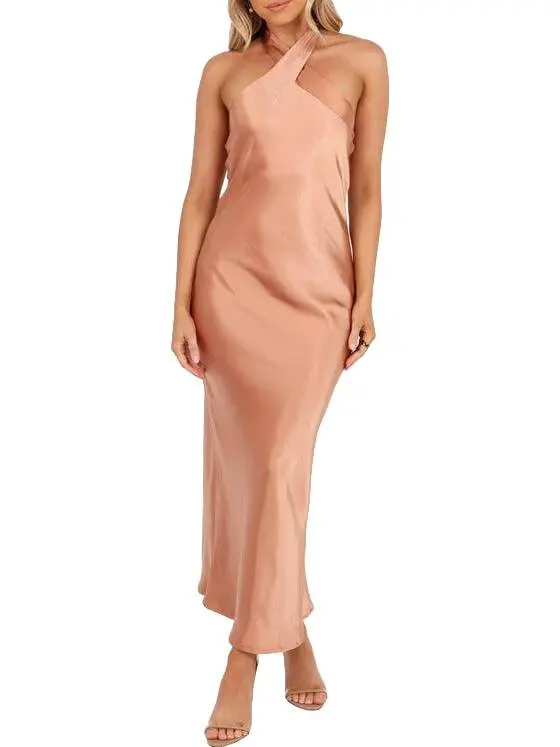 PETAL & PUP Grasie Stretch Satin Halter Dress - Bronze