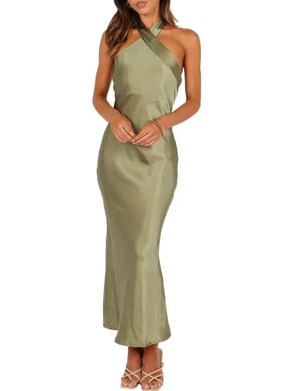PETAL & PUP Grasie Stretch Satin Halter Dress - Olive