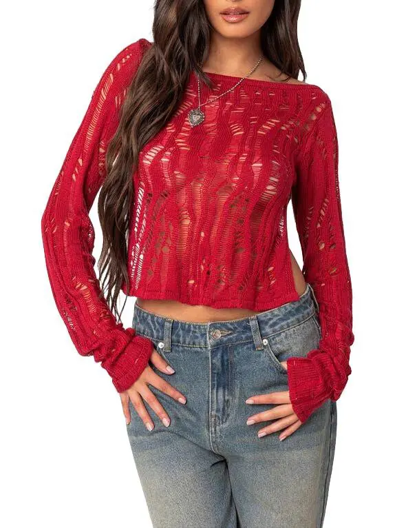 EDIKTED Rosa Open Back Sheer Sweater - Red
