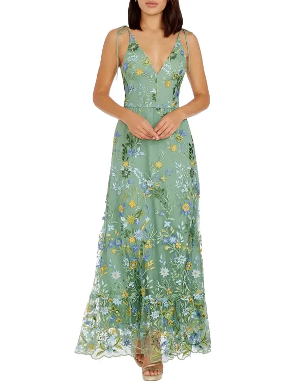 Dress The Population Sunny Embroidered Floral A-line Gown - Sage Multi