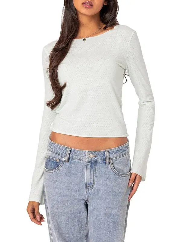 EDIKTED Maddison Long Sleeve Crop T-shirt - Light-blue