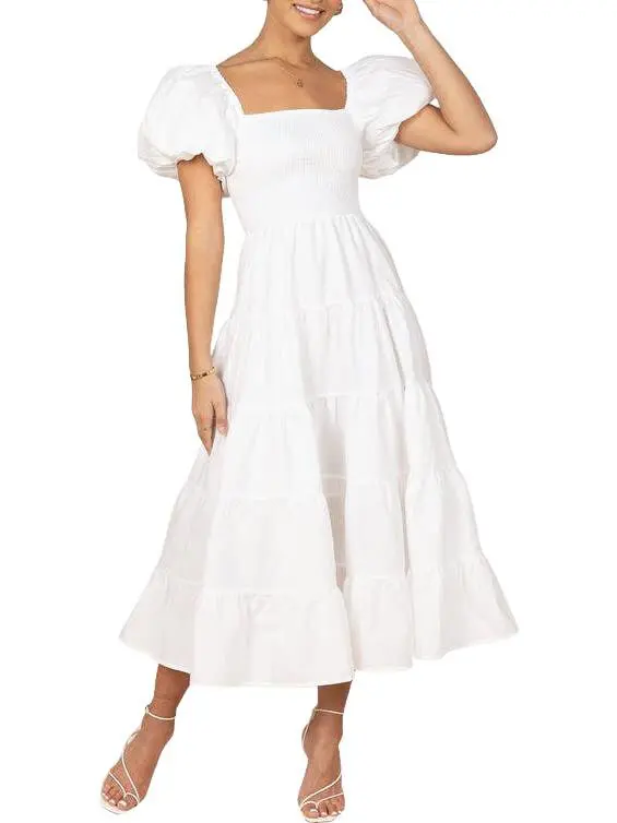 PETAL & PUP Annette Puff Sleeve Midi A-line Dress - White
