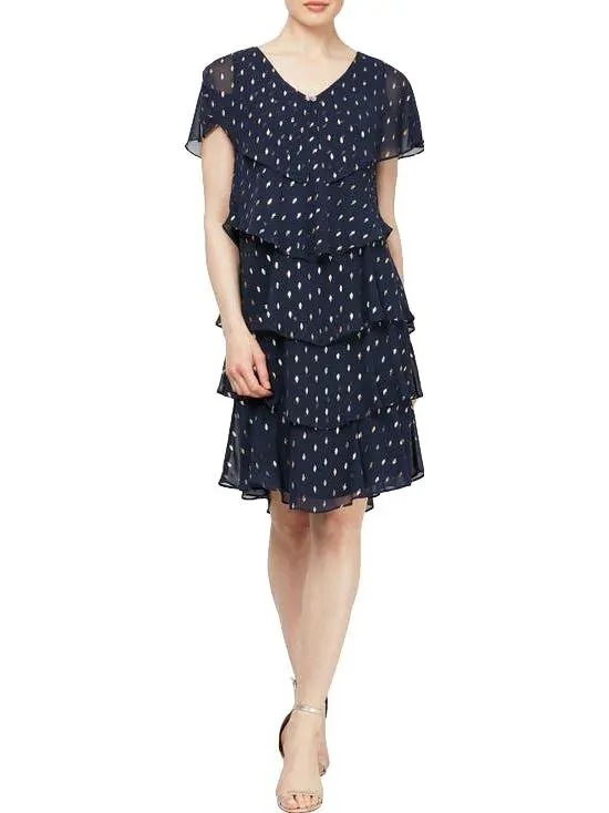 SL FASHIONS Polka Dot Tiered Georgette Dress - Navy Gold