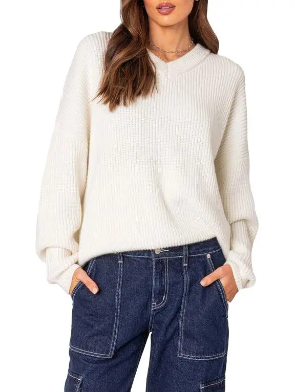 EDIKTED Denny Oversize V-neck Sweater - White