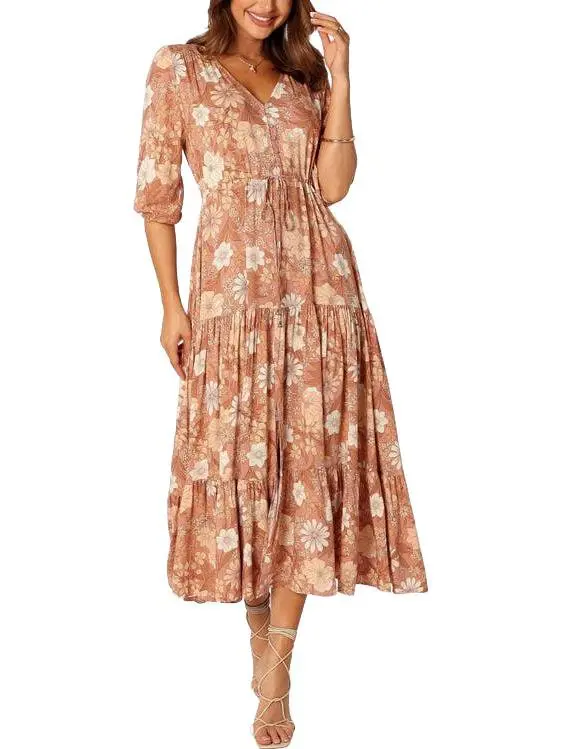 PETAL & PUP Kelda Floral Midi Dress - Tan Floral