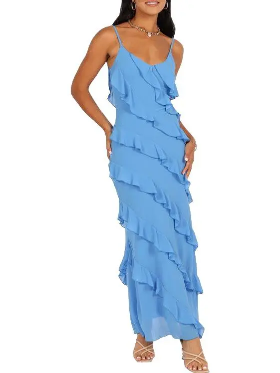 PETAL & PUP Ciao Ruffle Chiffon Gown - Blue