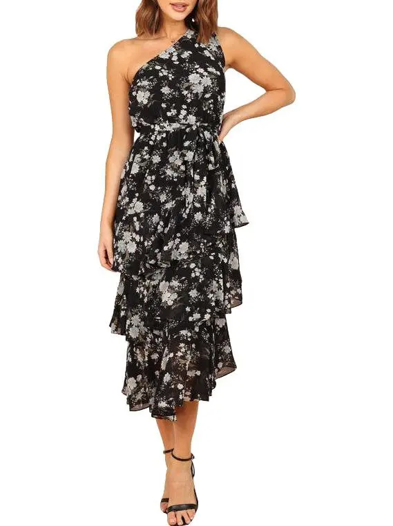 PETAL & PUP Brigette Floral One-shoulder Tiered Midi Dress - Black Floral