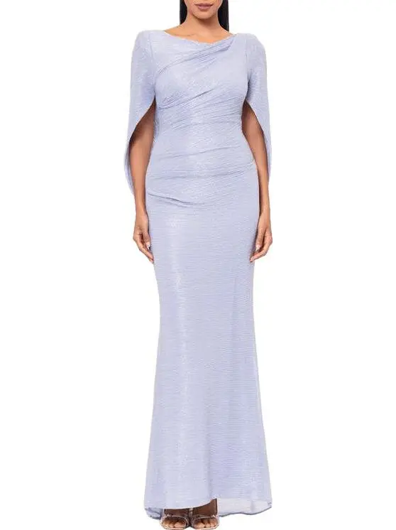 Betsy & Adam Metallic Crinkle Cape Sleeve Trumpet Gown - Blue/silver