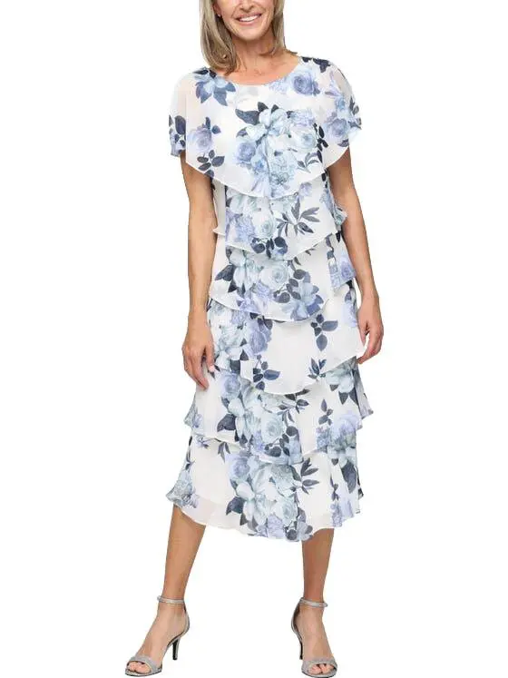 SL FASHIONS Floral Tiered Midi Dress - Ivory/blue