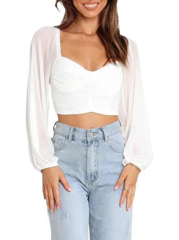 PETAL & PUP Adele Sheer Sleeve Crop Top - White