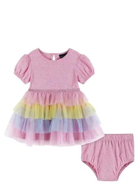 Andy & Evan Puff Sleeve Tiered Dress With Bloomers - Pink Puff