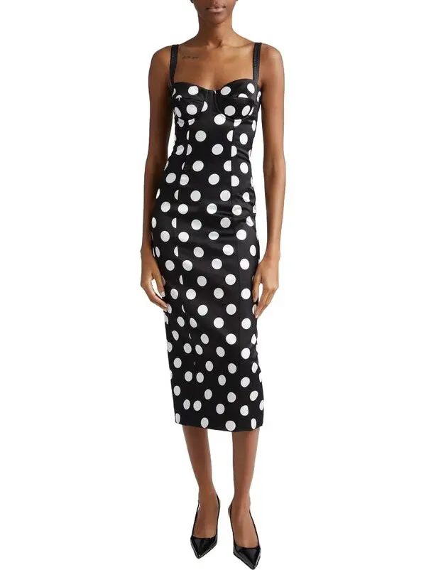 Dolce & Gabbana Polka Dot Ruched Satin Sheath Dress - Hnl2wpois Bco Fdo.nero