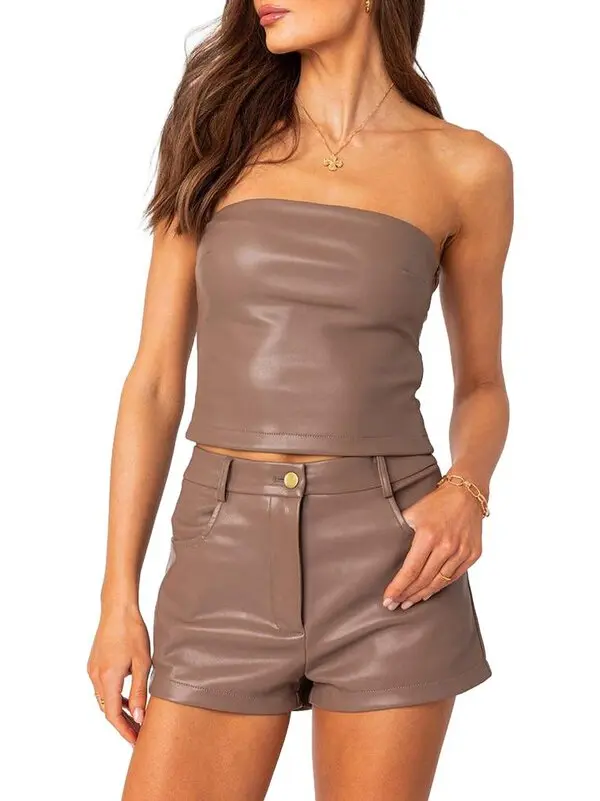 EDIKTED Martine Faux Leather Tube Top - Brown