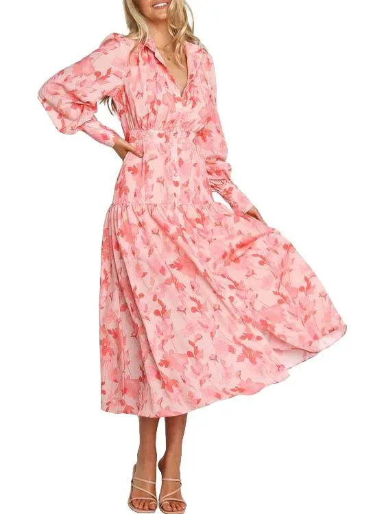 PETAL & PUP Forever Print Long Sleeve Tiered Midi Dress - Pink
