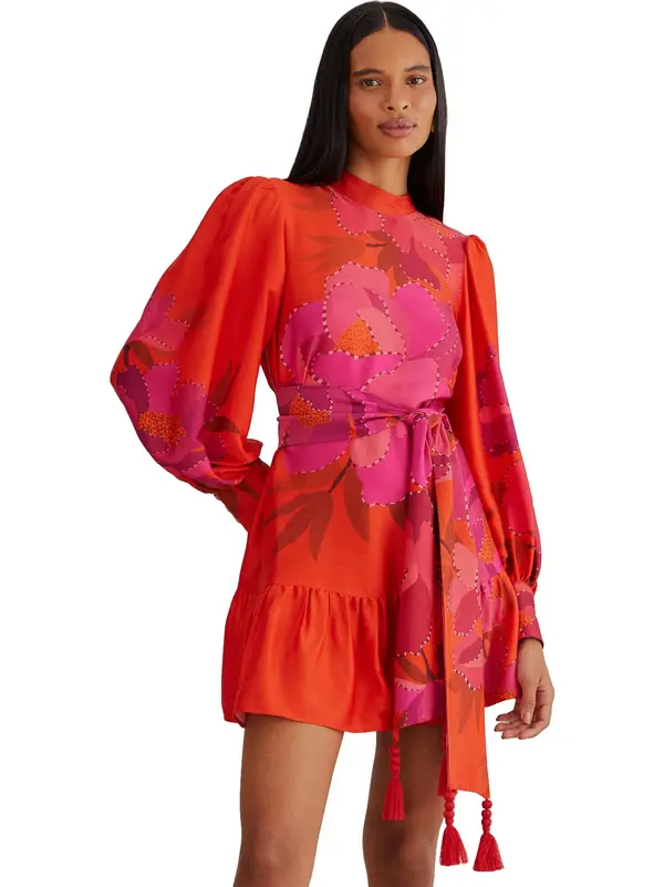 Farm Rio Floral Print Mini Dress - Peony Red