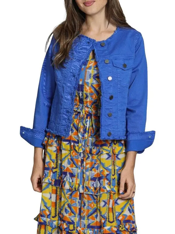 APNY Frayed Collarless Denim Jacket - Dazzling Blue