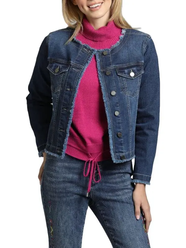 APNY Frayed Collarless Denim Jacket - Indigo