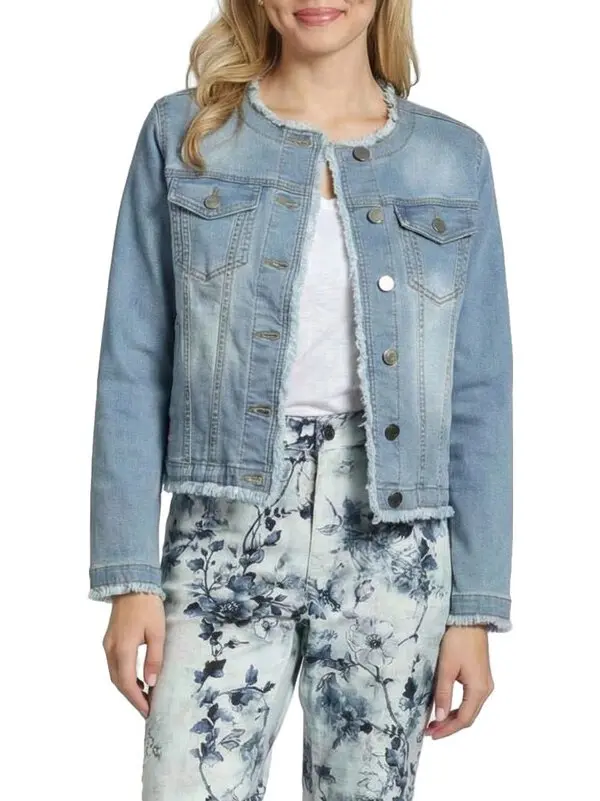 APNY Frayed Collarless Denim Jacket - Light Indigo