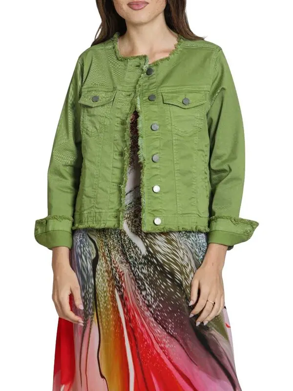 APNY Frayed Collarless Denim Jacket - Turtle Green
