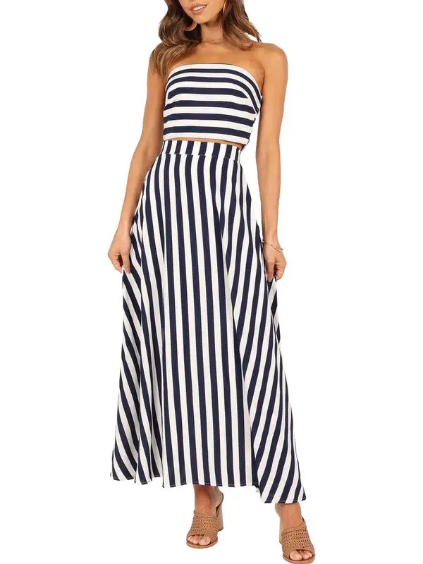 PETAL & PUP Elijah Stripe Tube Top & Maxi Skirt Set - Navy/white
