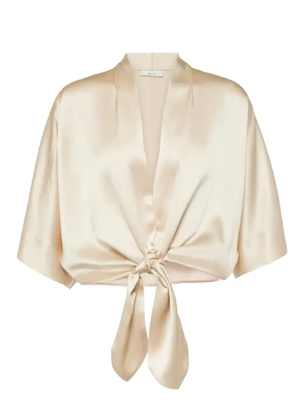 THE SEI Tie-front Silk Charmeuse Top - Beige