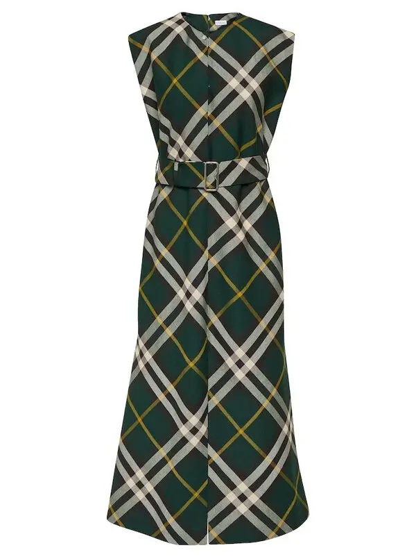 Burberry Check Wool Midi Dress - Green