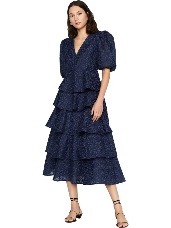 MARIE OLIVER Everly Tiered Embroidered Organza Dress - Sapphire Plume