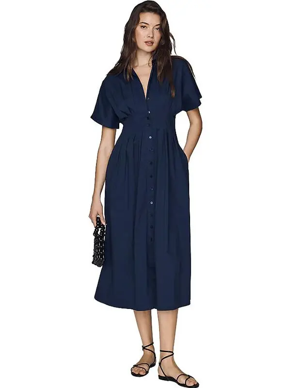 EXQUISE Striped Shirt Dress With Exaggerated Sleeves - Solid Navy