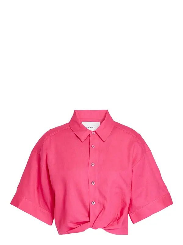 FRAME Cropped Twisted Linen-blend Shirt - Fuchsia