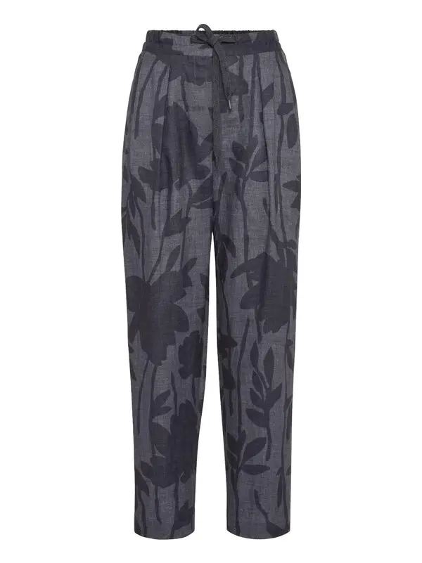 Brunello Cucinelli Floral Print Linen Trousers - Grey