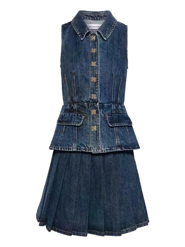 SELF-PORTRAIT Pleated Denim Shirtdress - Blue