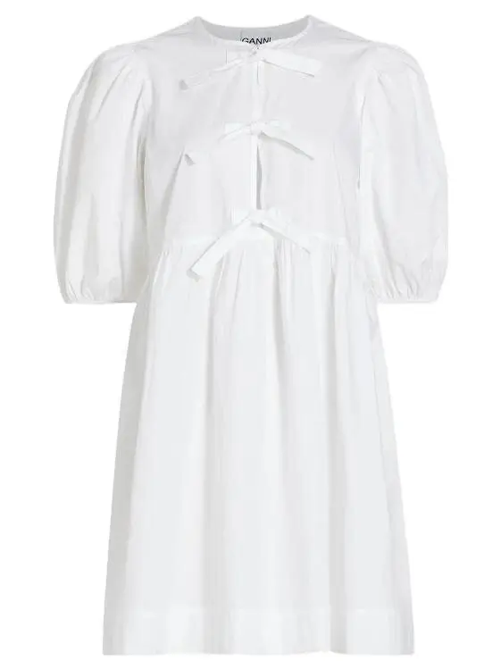 GANNI Poplin Bow Short-sleeve Minidress - Bright White