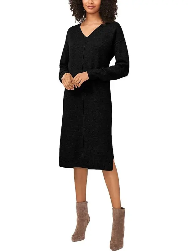 Vince Camuto V Neck Side Slit Dress - Rich Black