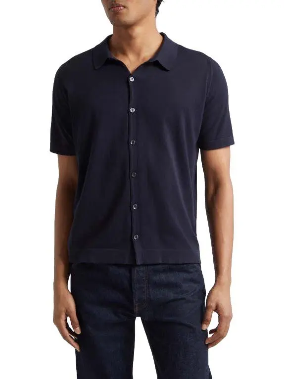 John Smedley Folke Knit Short Sleeve Cotton Button-up Shirt - Navy