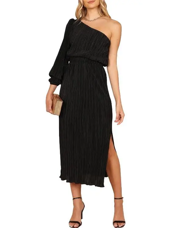 PETAL & PUP Pontée Plissé One-shoulder Midi Dress - Black