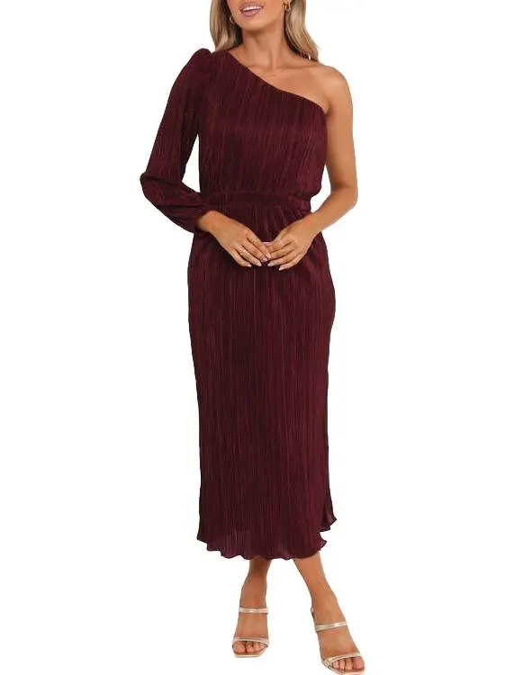 PETAL & PUP Pontée Plissé One-shoulder Midi Dress - Burgundy