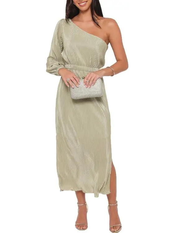 PETAL & PUP Pontée Plissé One-shoulder Midi Dress - Sage Green