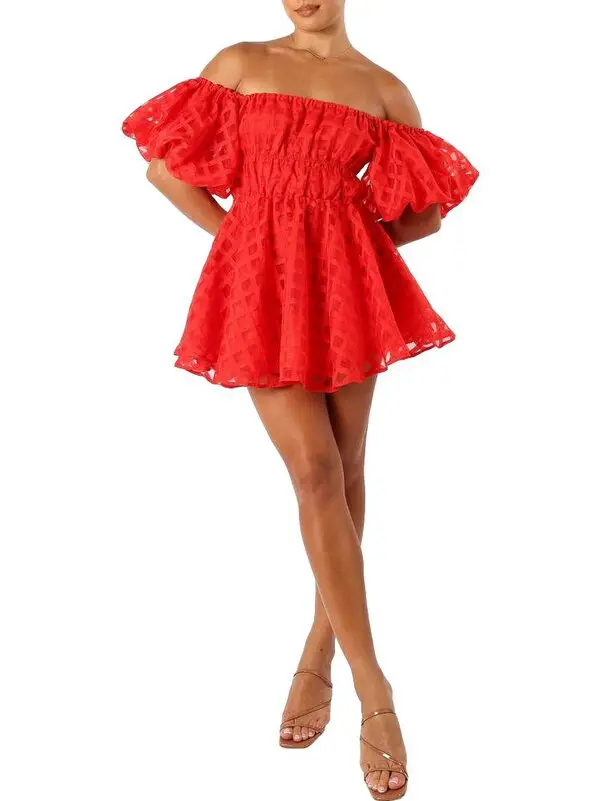 PETAL & PUP Philia Check Off-the-shoulder Mini Dress - Red