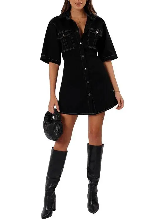 PETAL & PUP Rev Denim Mini Shirt Dress - Black