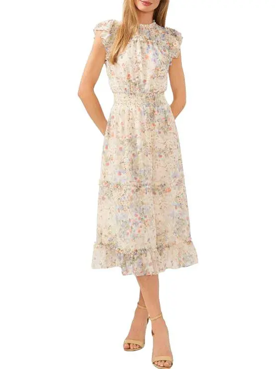 CECE DUPRAZ Floral Ruffle Midi Dress - Egret