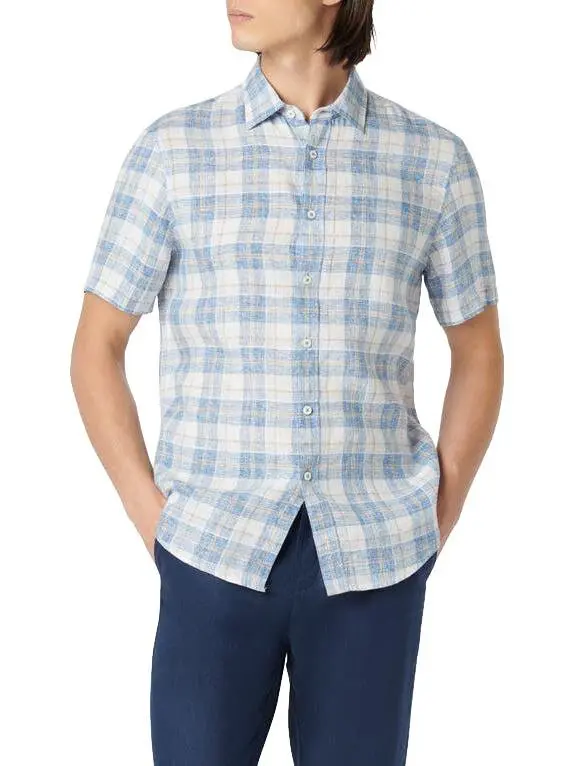 Bugatchi Orson Shaped Fit Short Sleeve Linen Button-up Shirt - Classic Blue