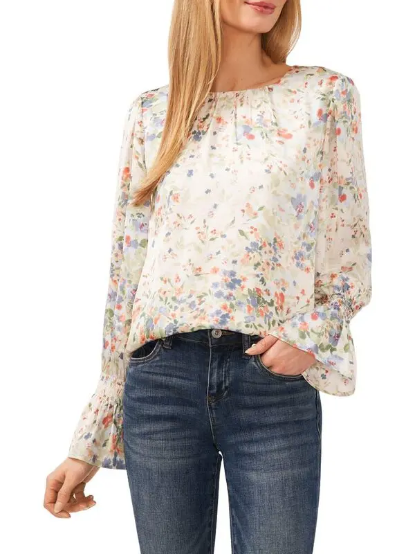 CECE DUPRAZ Floral Print Charmeuse Top - Egret